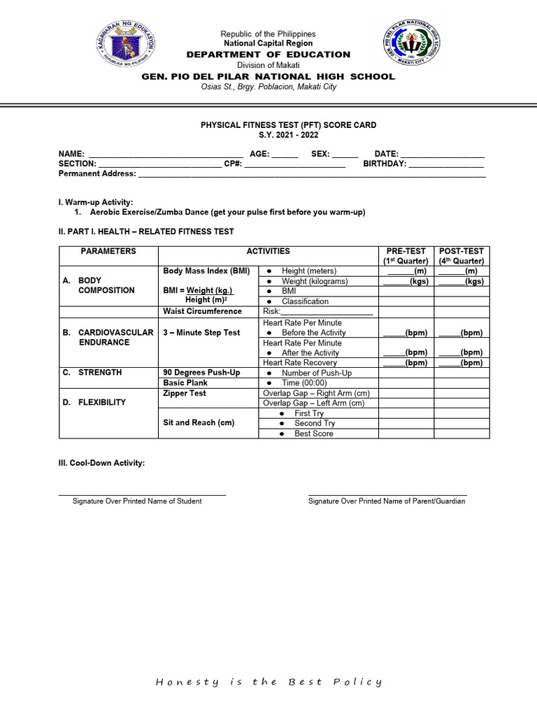 Grade 8 Physical Fitness Test Score Card | PDF | Heart Rate | Body Mass ...