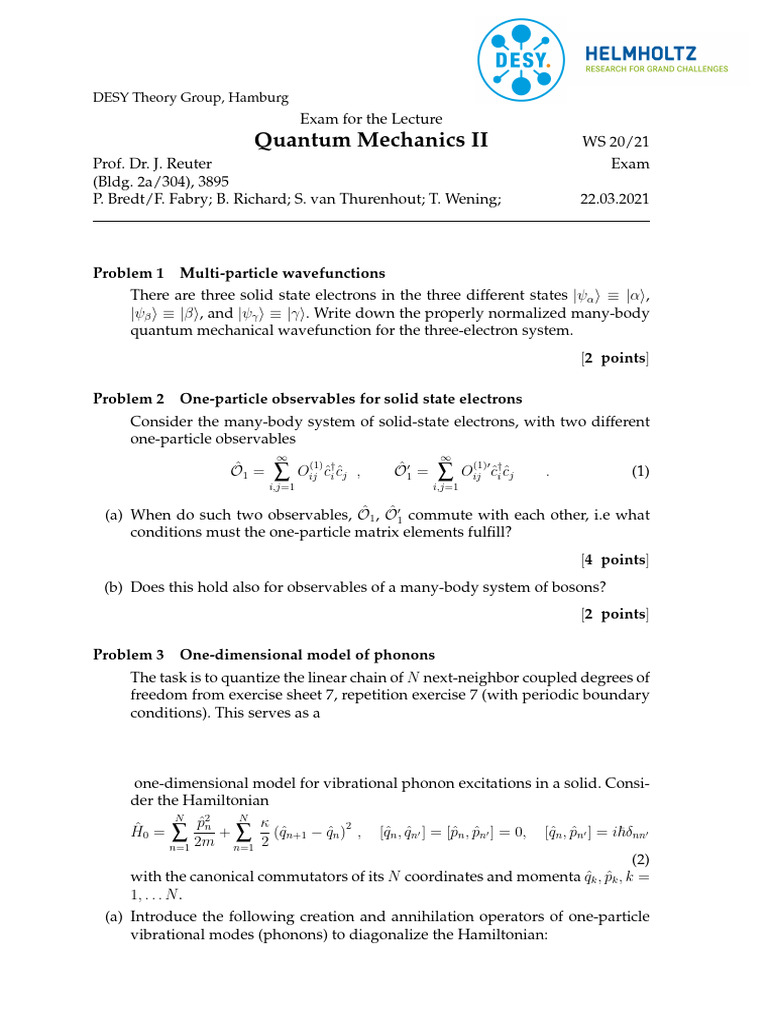 Exam QM2 | PDF | Mathematical Physics | Quantum Mechanics