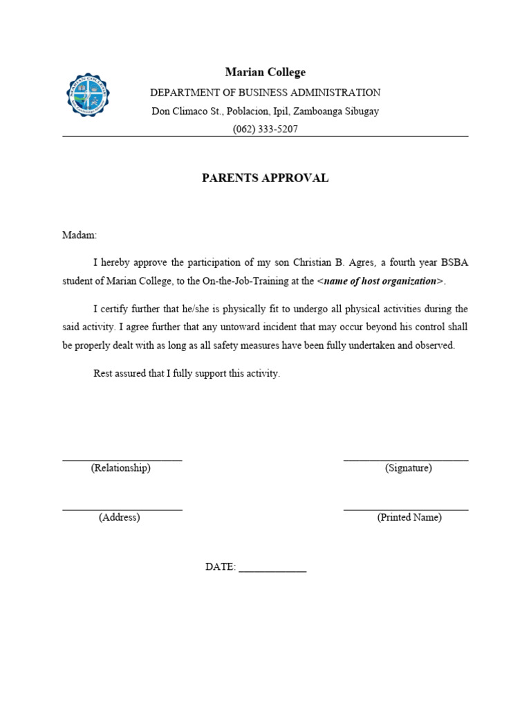 Parent Approval for OJT Participation | PDF | Business