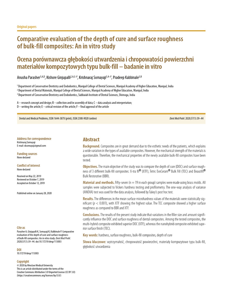 January 2020 Comparative Evaluation Of The Depth Of Cure And Surface Roughness Of Bulk Fill