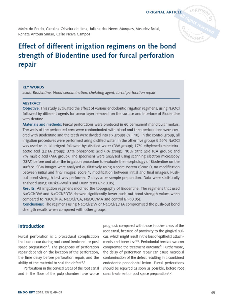 2019 January Effect of Different Irrigation Regimens On The Bond | PDF | Dentistry Branches | Tooth