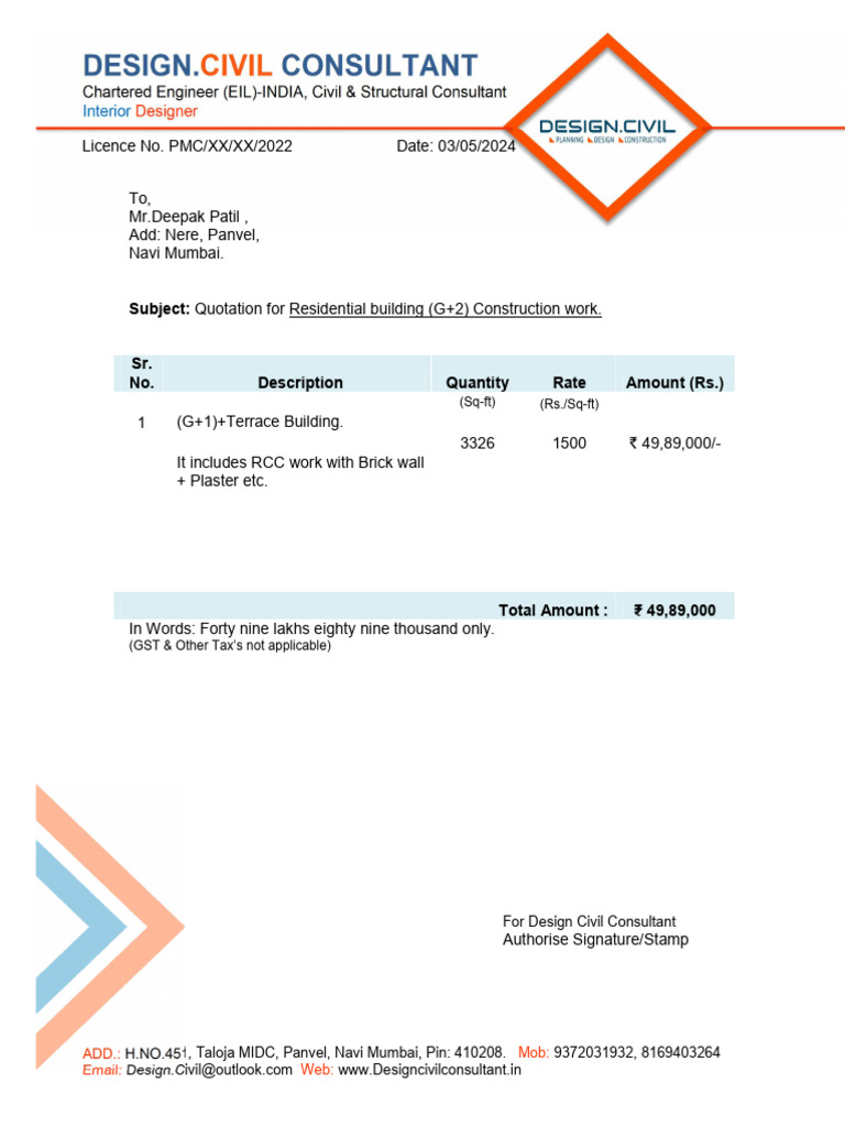 2BHK - DEEPAK PATIL (NERE) Quotation-Civil Work - 03052024 | PDF ...