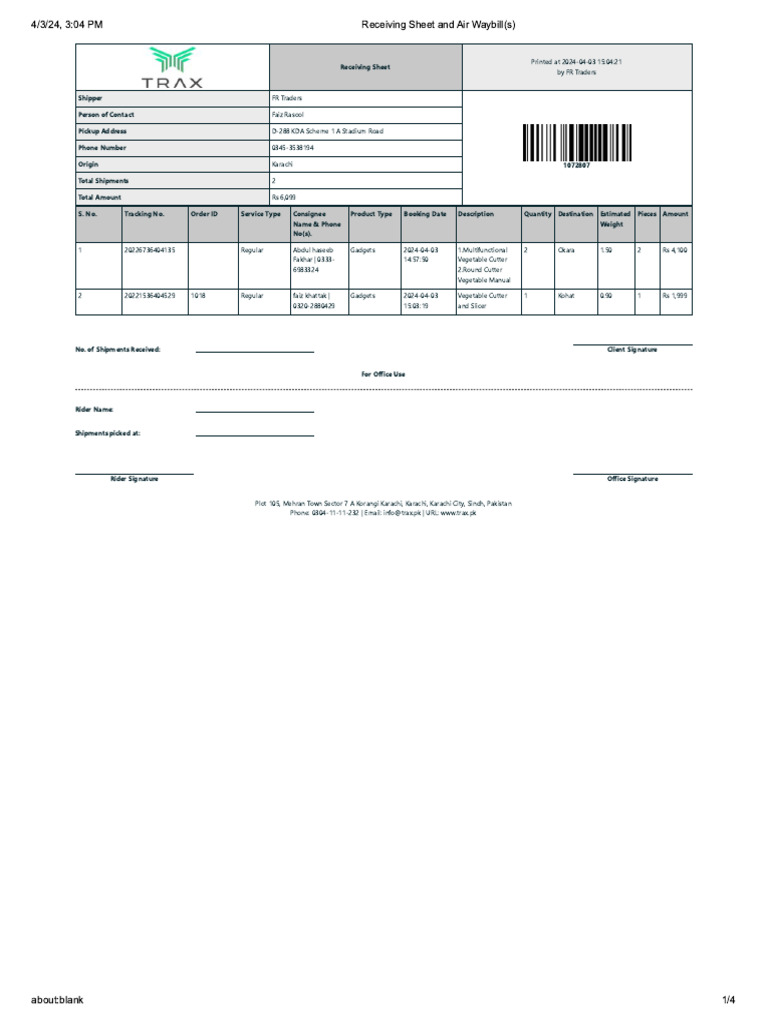 Receiving Sheet and Air Waybill(s) 3.4.2024 | PDF