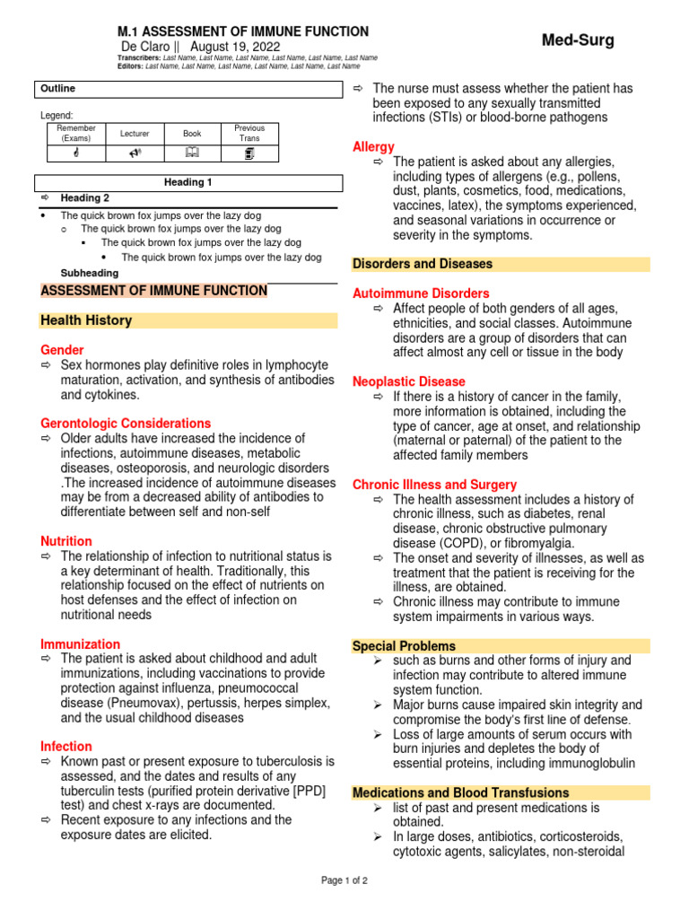 M 1 Assessment Of Immune Function Pdf Infection Immune System