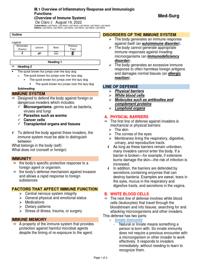 Immune System Overview and Functions | PDF | Immune System | Adaptive ...