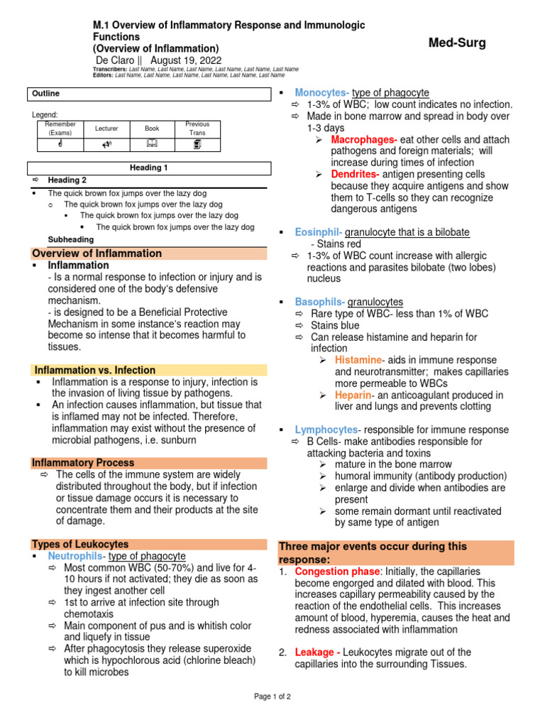 Inflammatory Response Overview | PDF | White Blood Cell | Inflammation