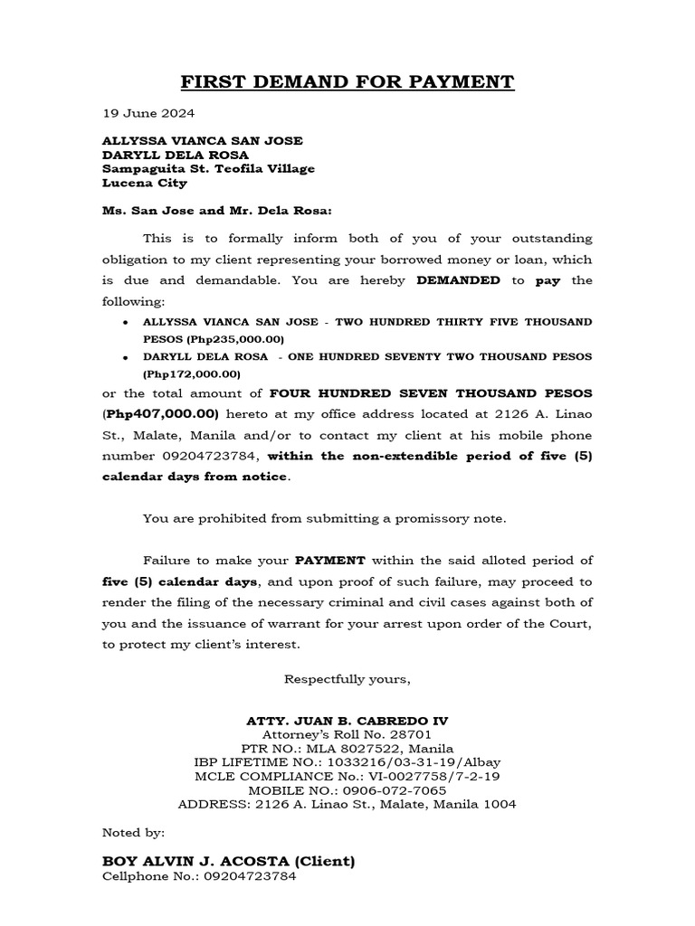 Demand for Payment | PDF