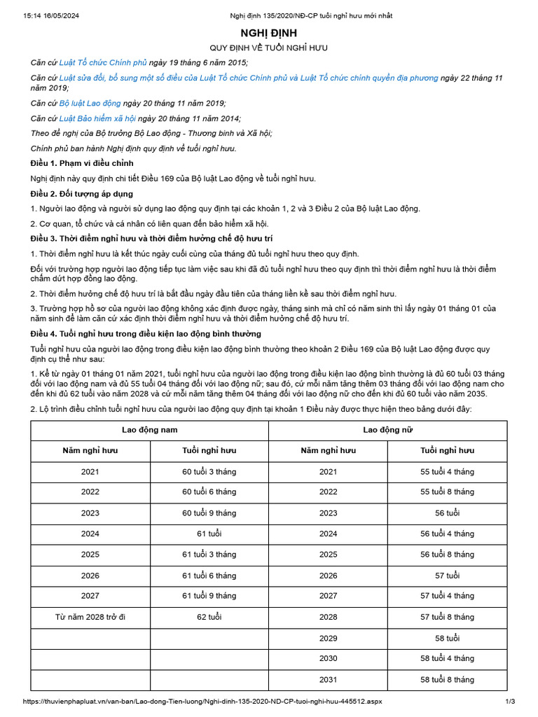 Nghị định 135 - 2020 - NĐ-CP tuổi nghỉ hưu mới nhất | PDF
