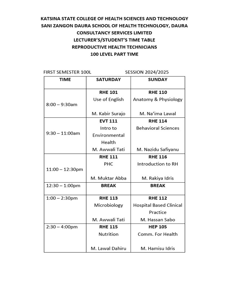 Timetable First Sem CSU Lect 2024-25 A | PDF | Health Sciences | Medicine