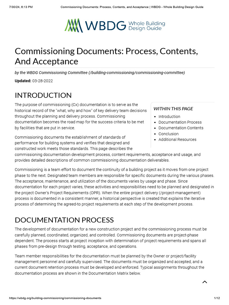 Commissioning Documents - Process, Contents, and Acceptance - WBDG ...