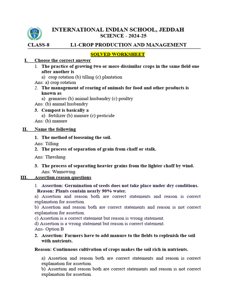 VIII-SOLVED WS-CH1.Crop Production&management (Solved Worksheet) | PDF ...