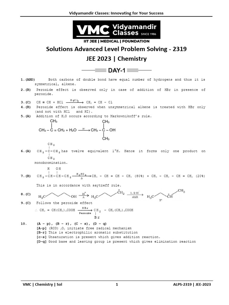 JEE 2023 Chemistry Solutions Guide | PDF | Alkene | Chemical Reactions