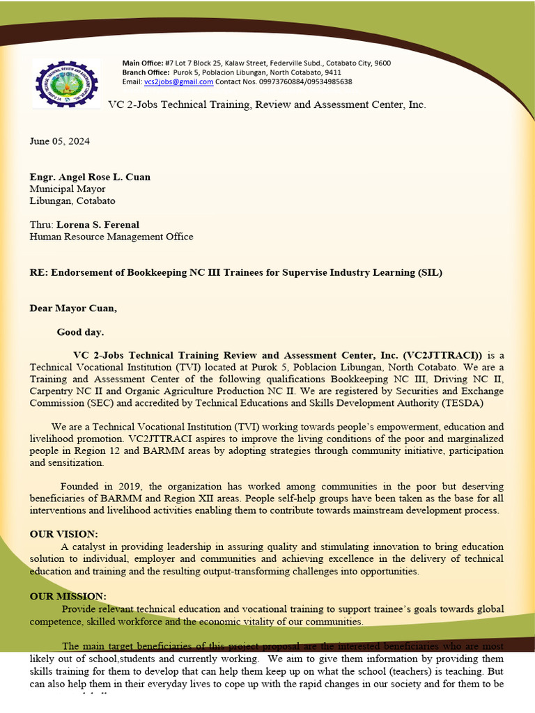 SIL Cover Letter LIBUNGAN TC 6.4.24 | PDF | Vocational Education