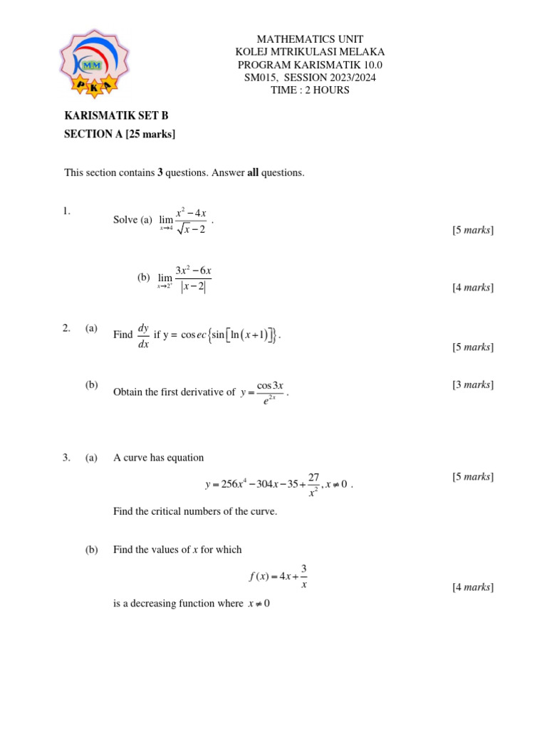 Set B KARISMATIK SM015 2023-2024 | PDF | Function (Mathematics) | Angle