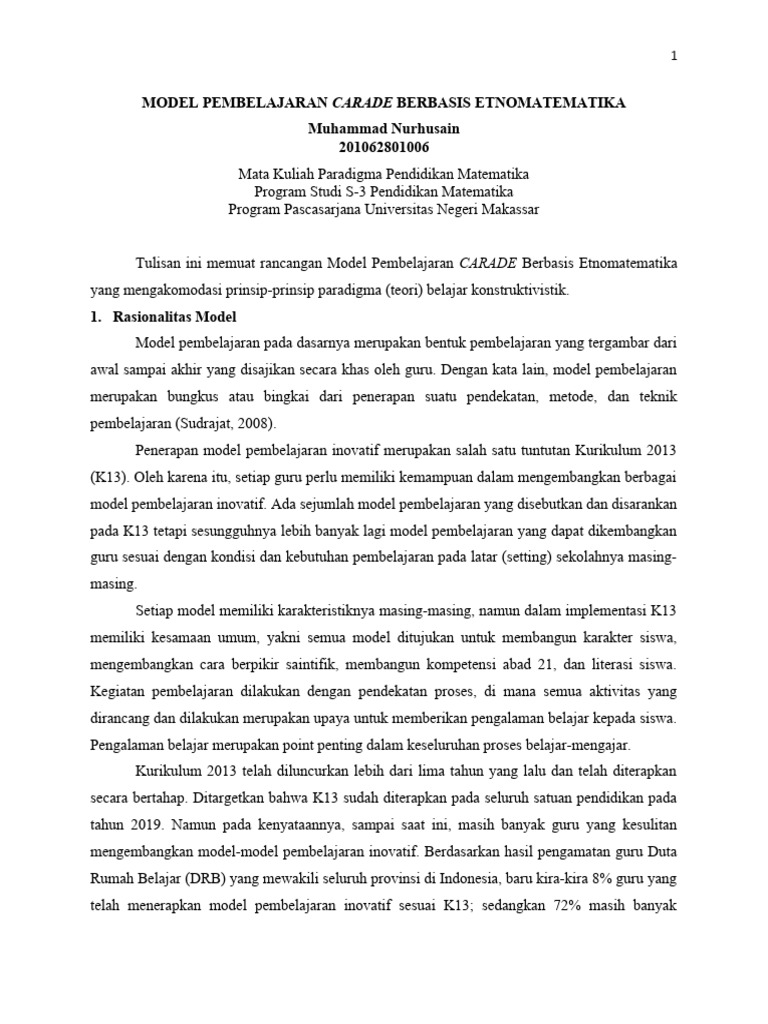 06 - Muhammad Nurhusain - Tugas Individu Paradigma Pendidikan Matematika - Model Pembelajaran ...