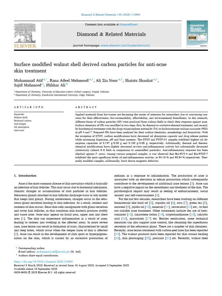 Surface Modified Walnut Shell Derived Carbon Particles For Anti-Acne | PDF