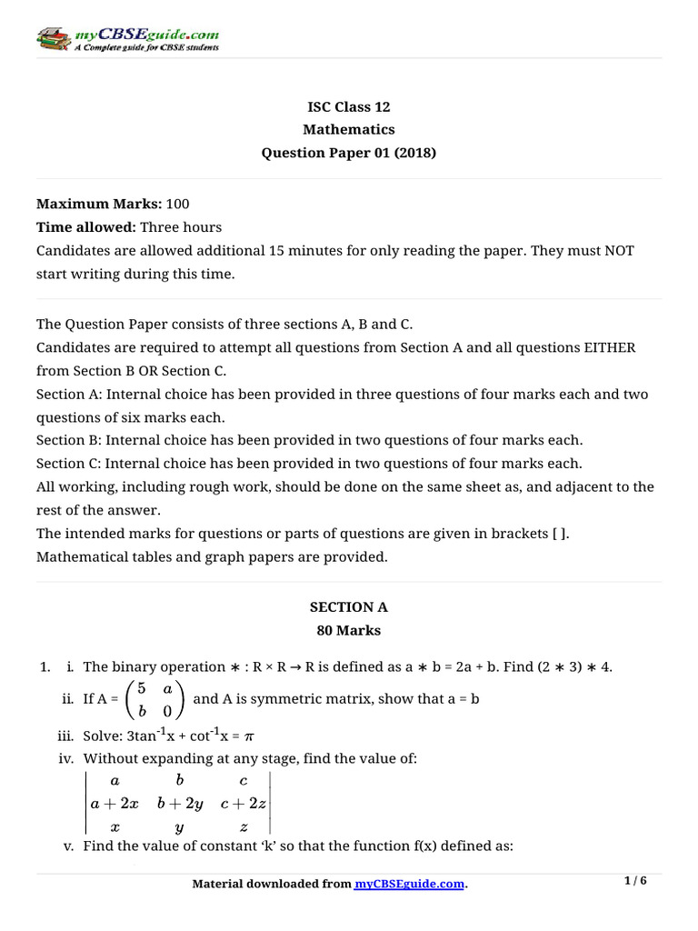 ISC Class 12 Mathematics Question Paper 2018 | PDF | Euclidean Vector ...