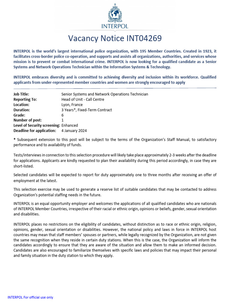 Senior Systems Technician Vacancy at INTERPOL | PDF | Computer Security ...