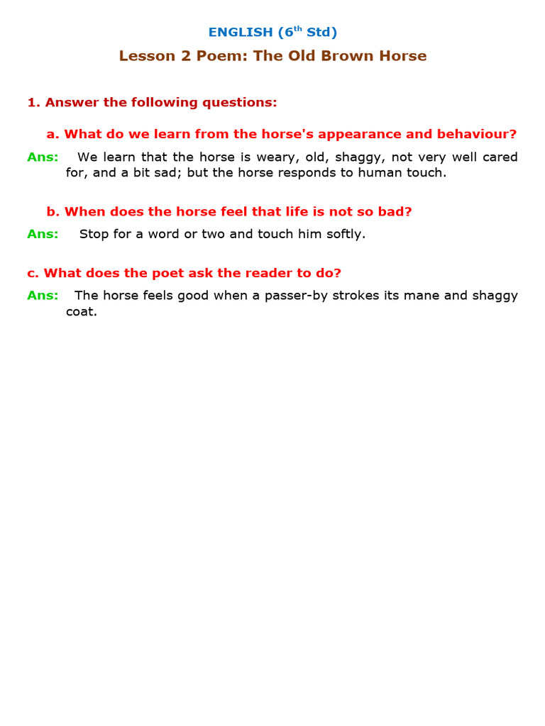English Lesson 2 Poem - The Old Brown Horse | PDF