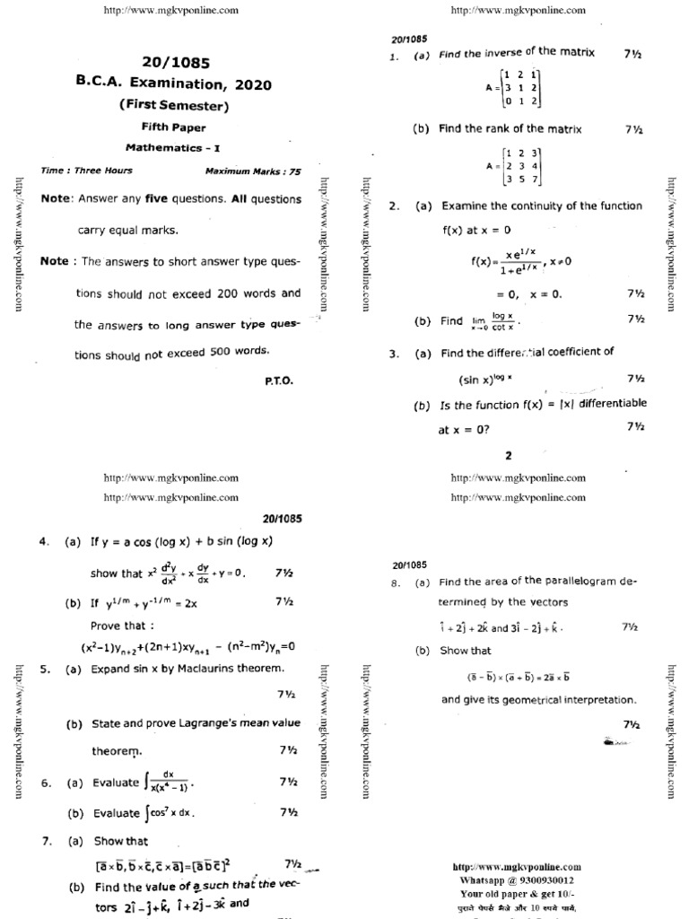 Bca 1 Sem Mathematics 1 1085 2020 | PDF