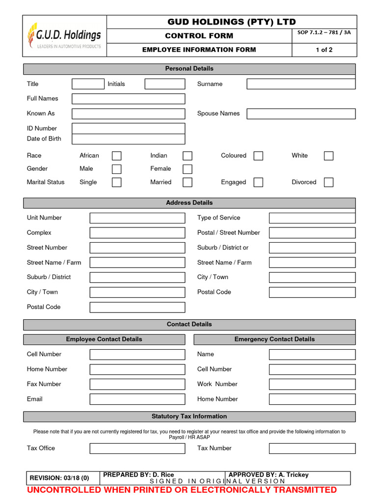 SOP 7.1.2 - 781 - 3A New Employee Form - 03-2018 | PDF