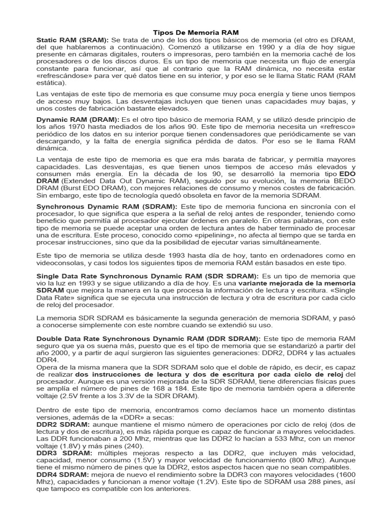 Tipos de Memoria RAM | PDF | Memoria de acceso aleatorio | Ciencias de la Computación