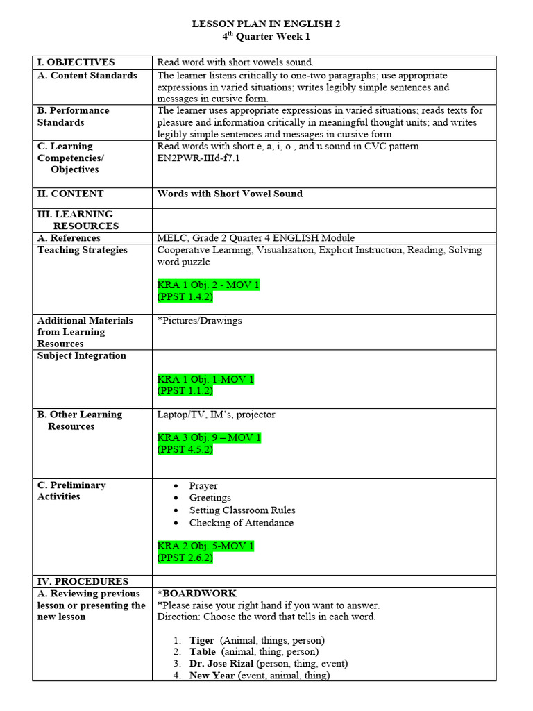 Share LESSON PLAN IN ENGLISH 2 Q4 WEEK1 | PDF | Learning | Consonant