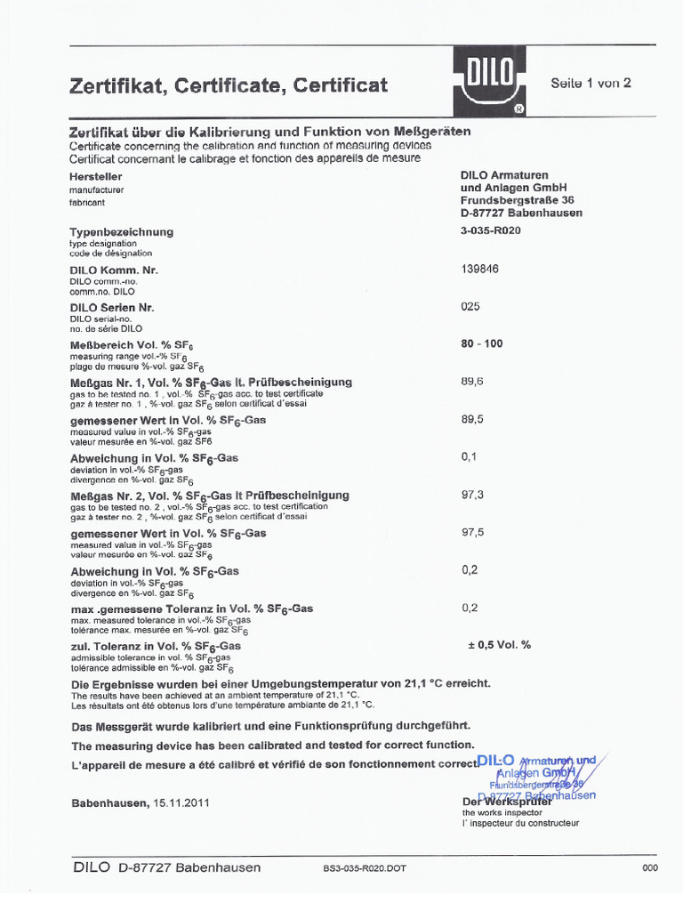 Certificate DILO SF6 Analyzer 973 | PDF