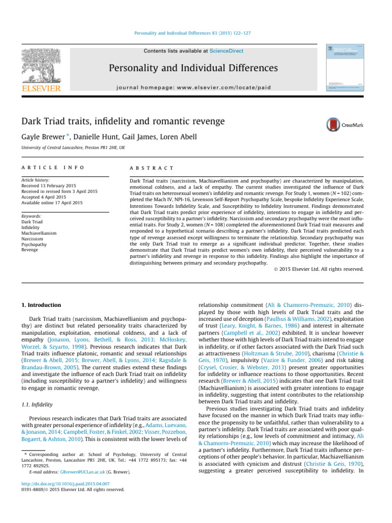 Dark Triad Traits Infidelity and Romanti | PDF | Dark Triad | Psychopathy