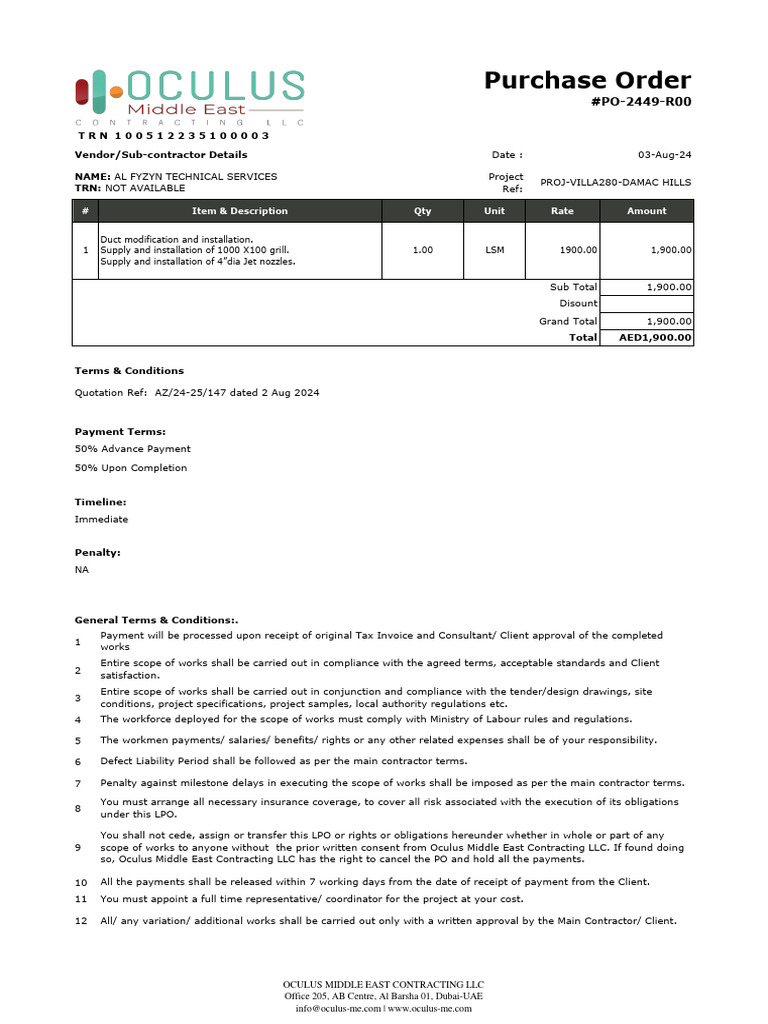 Purchase Order: T R N 1 0 0 5 1 2 2 3 5 1 0 0 0 0 3 Vendor/Sub-contractor Details | PDF ...