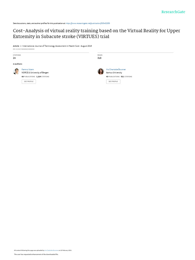 Costanalysis of Virtual Reality Training Based On The Virtual Reality For Upper Extremity in ...