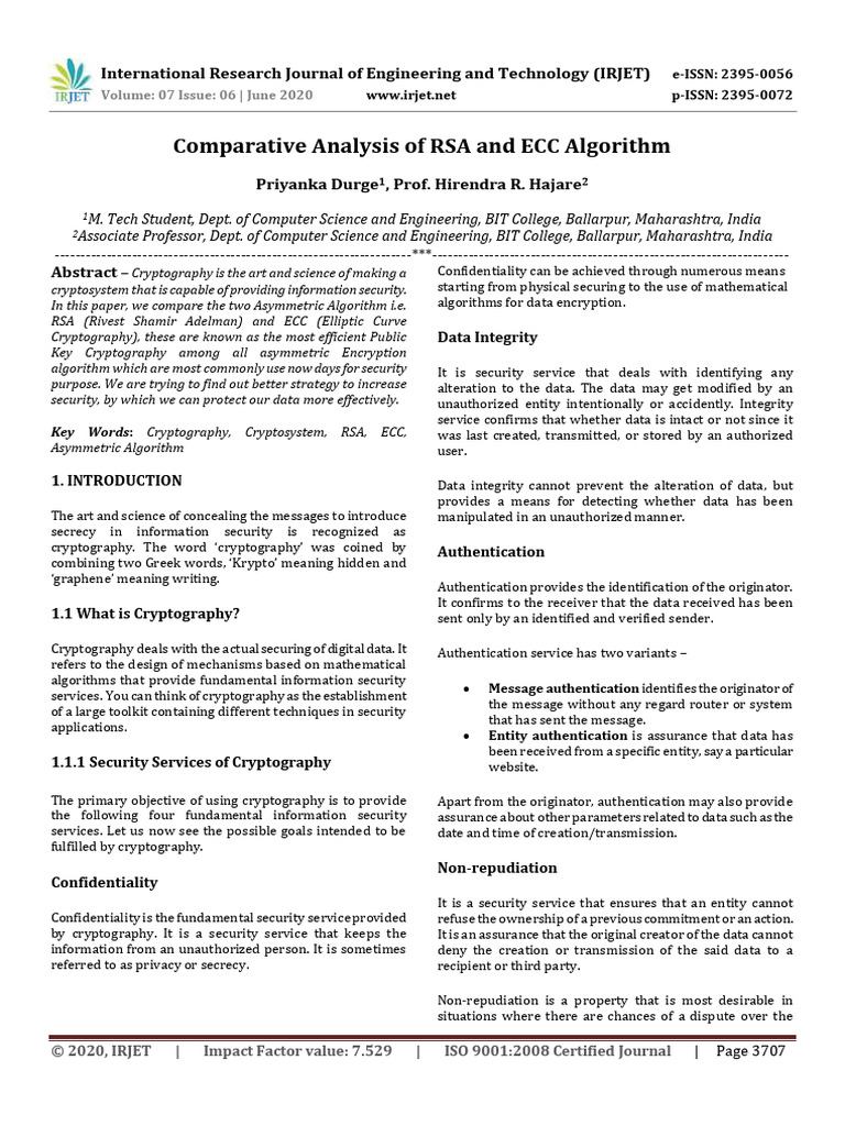 IRJET Comparative Analysis of RSA and EC | PDF | Cryptography | Public Key Cryptography