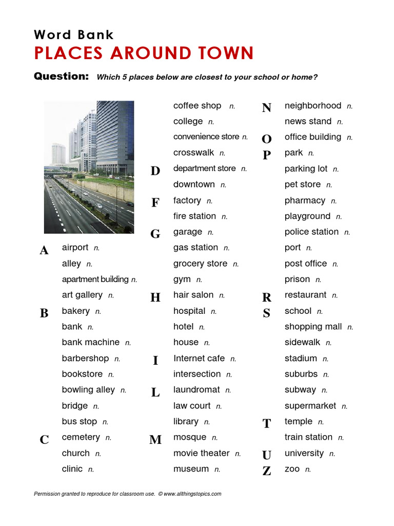 Places Around Town: Word Bank | PDF