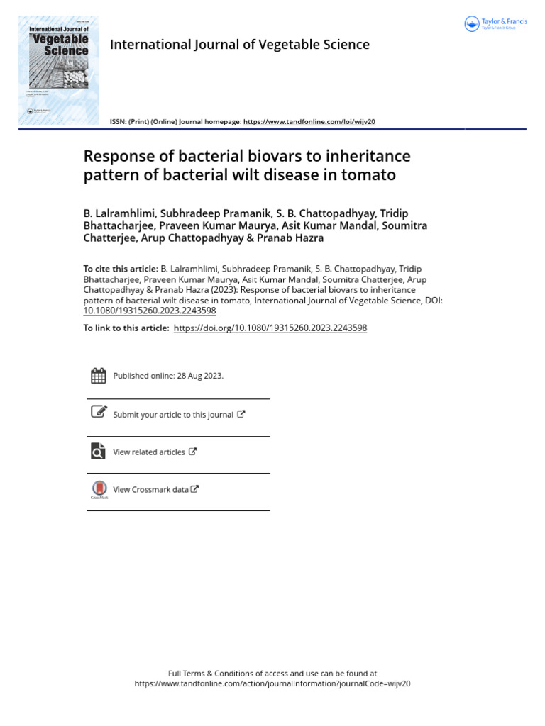 Response of Bacterial Biovars To Inheritance Pattern of Bacterial Wilt Disease in Tomato | PDF ...