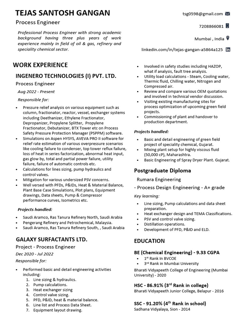 Tejas Gangan - Resume | PDF | Pump | Mechanical Engineering