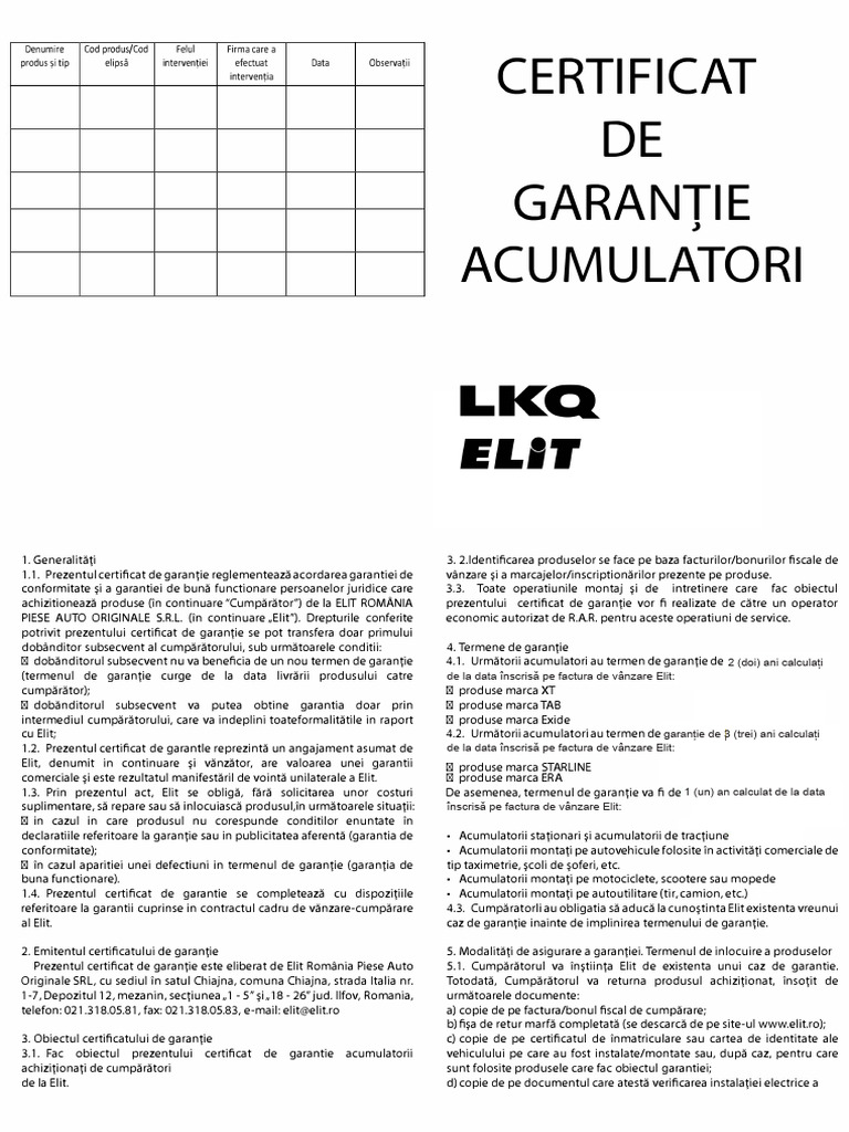 Certificat Garantie Acumulatori | PDF