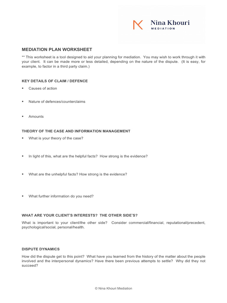 Mediation Plan Worksheet | PDF | Lawsuit | Mediation