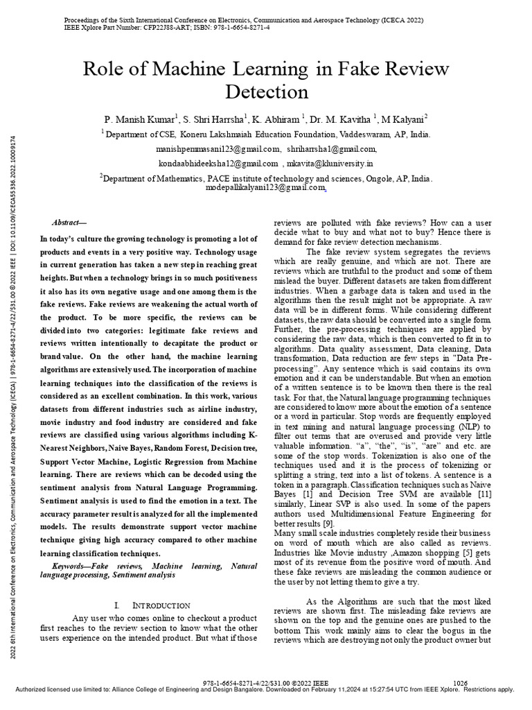 Role of Machine Learning in Fake Review Detection | PDF | Machine ...