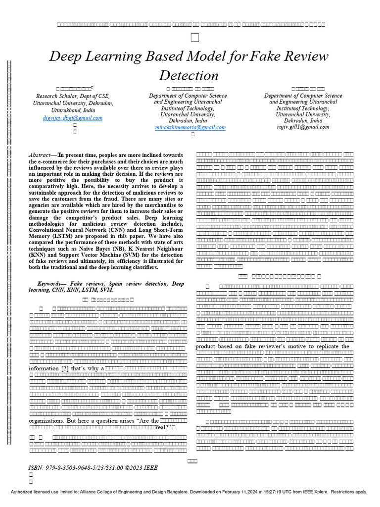 Deep Learning Based Model For Fake Review Detection | PDF | Machine Learning | Deep Learning