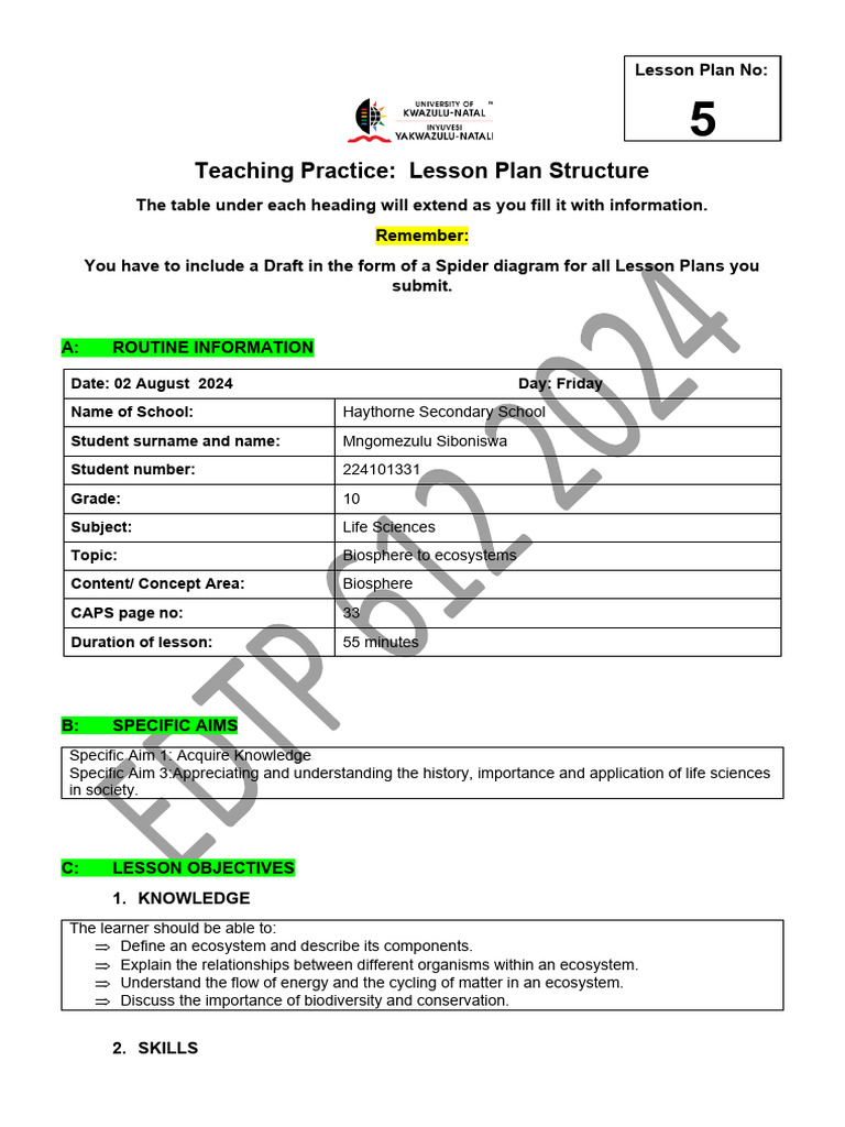 Life Sciences Week4 1of 4 Ecosystems | PDF | Ecosystem | Lesson Plan