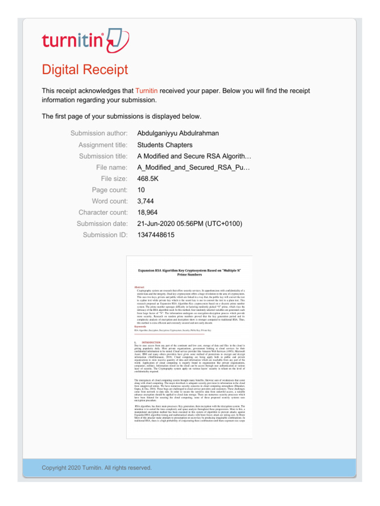 Receipt - A Modified and Secure RSA Algorithm.. | PDF