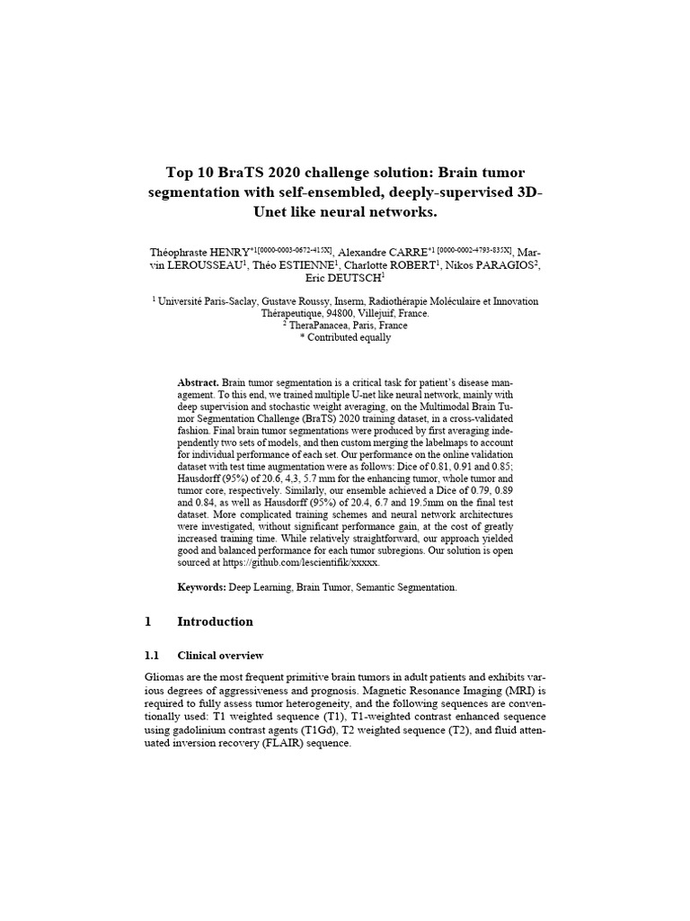 Top 10 BraTS 2020 Challenge Solution Brain Tumor S | PDF | Magnetic ...