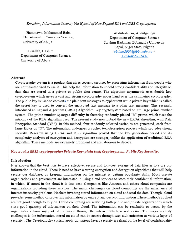An Enrichment of Information Security by Hybrid of New Expand Rsa and Des Cryptosystem | PDF ...