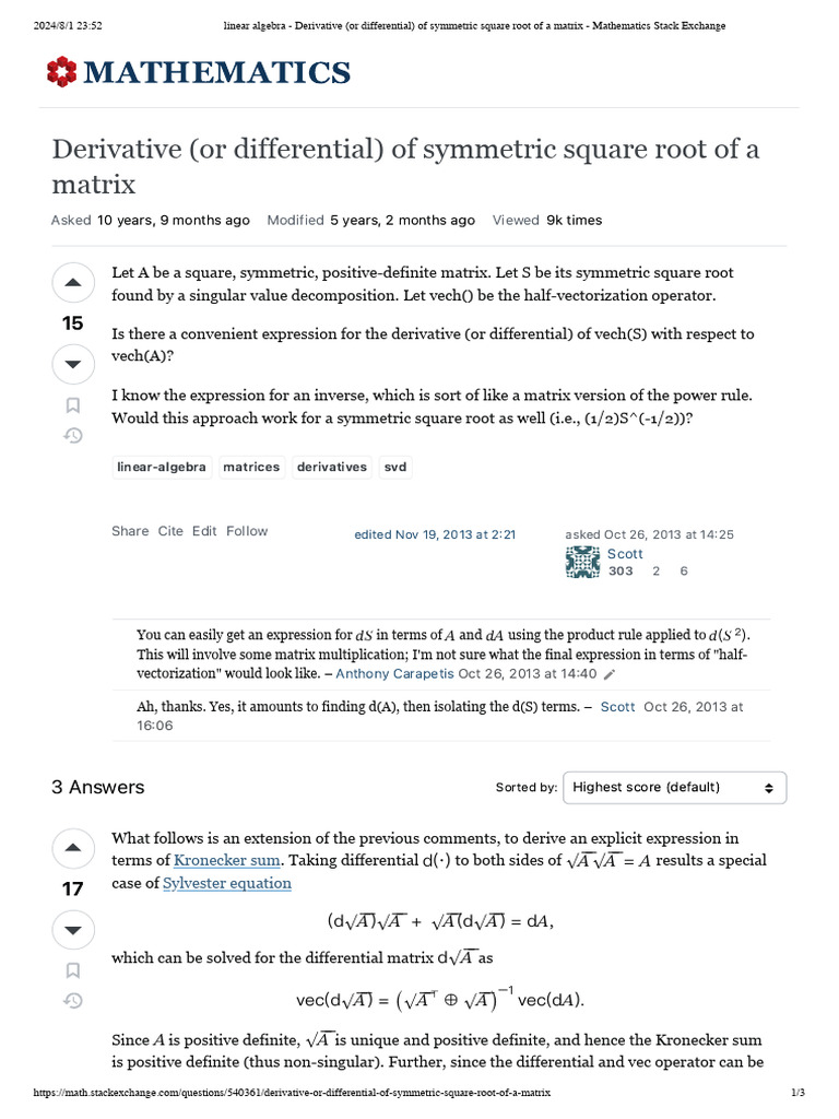 Linear Algebra - Derivative (Or Differential) of Symmetric Square Root ...