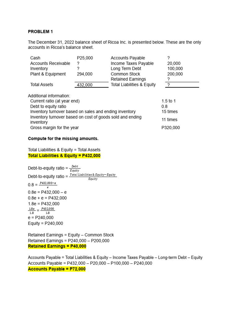 FS Analysis Sample Problems | PDF | Equity (Finance) | Balance Sheet