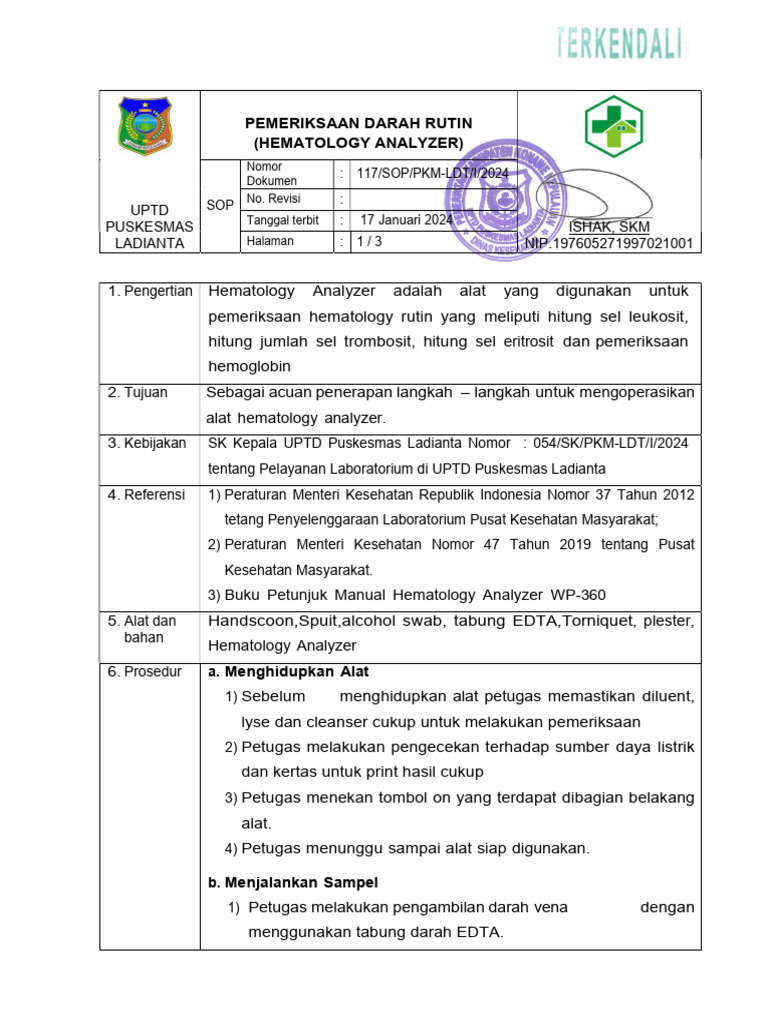 SOP Darah Rutin | PDF | Teknologi & Rekayasa