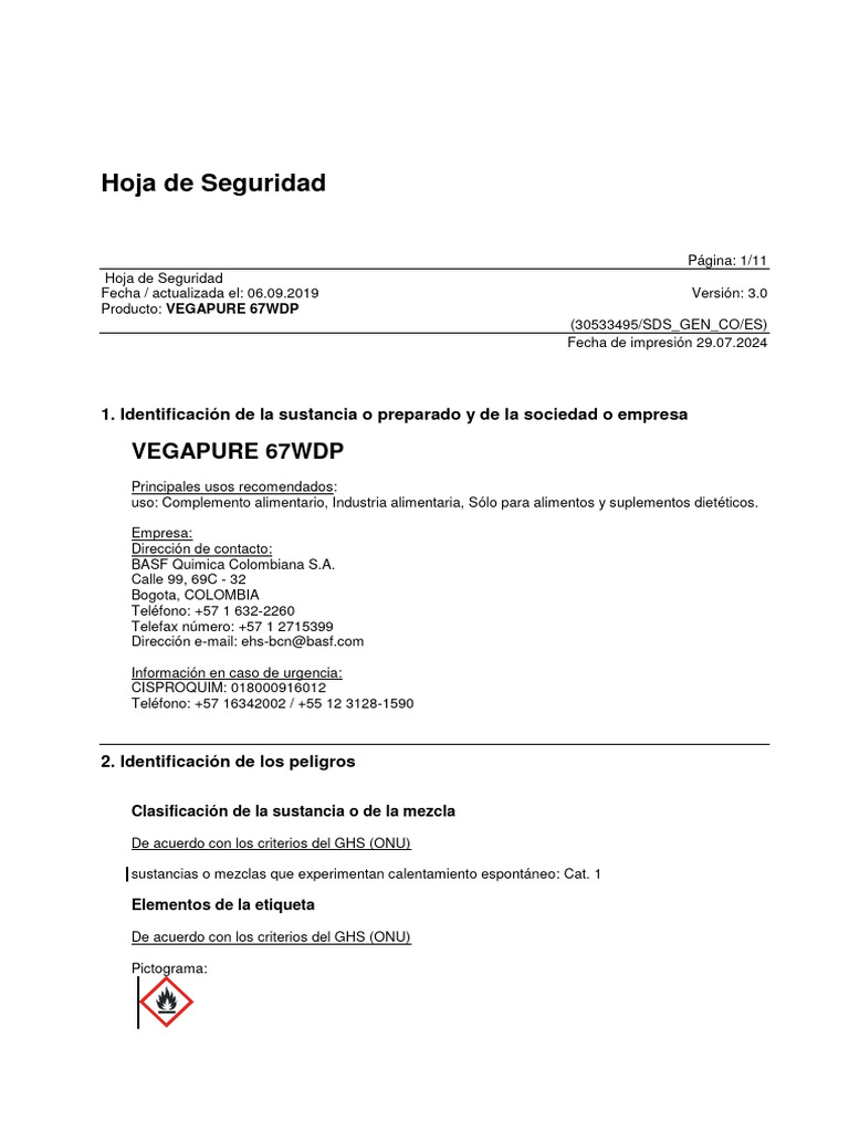 VEGAPURE+67WDP_30533495_SDS_GEN_CO_es_3-0 (1) | PDF | Agua | Química