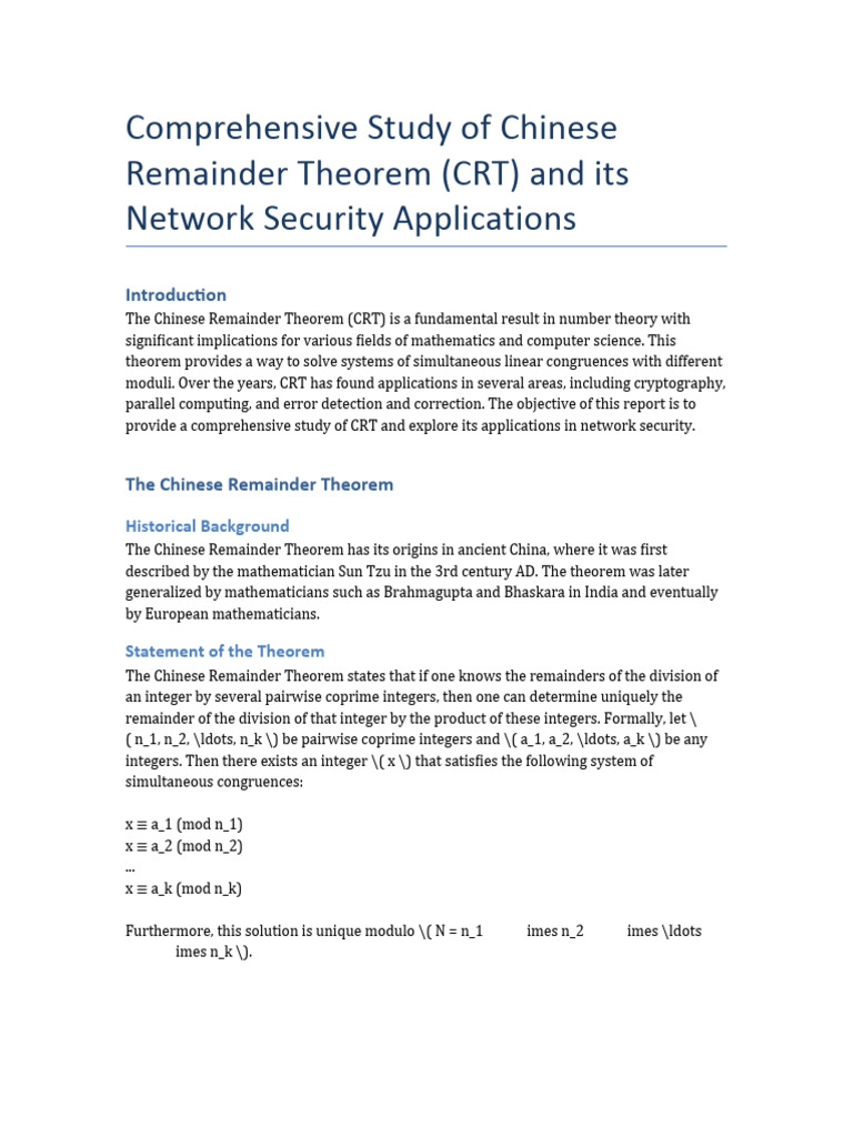 Chinese Remainder Theorem Report | PDF | Encryption | Cryptography
