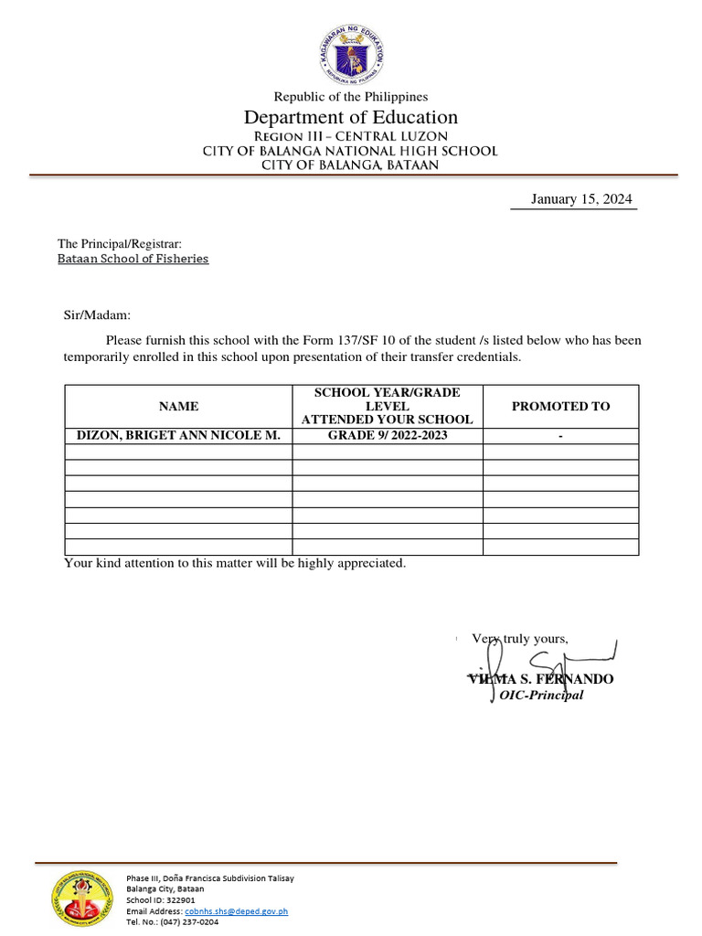 Request Letter For Sf10 or Form 137 Dizon B. | PDF