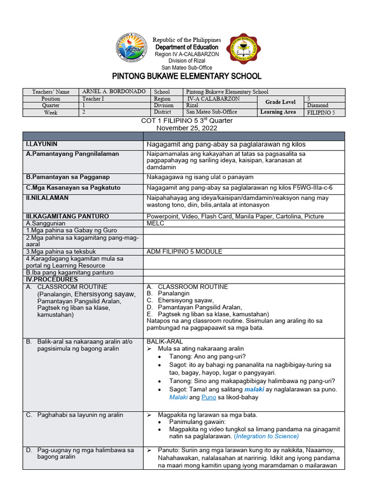 FILIPINO 5 COT 1-2023 | PDF